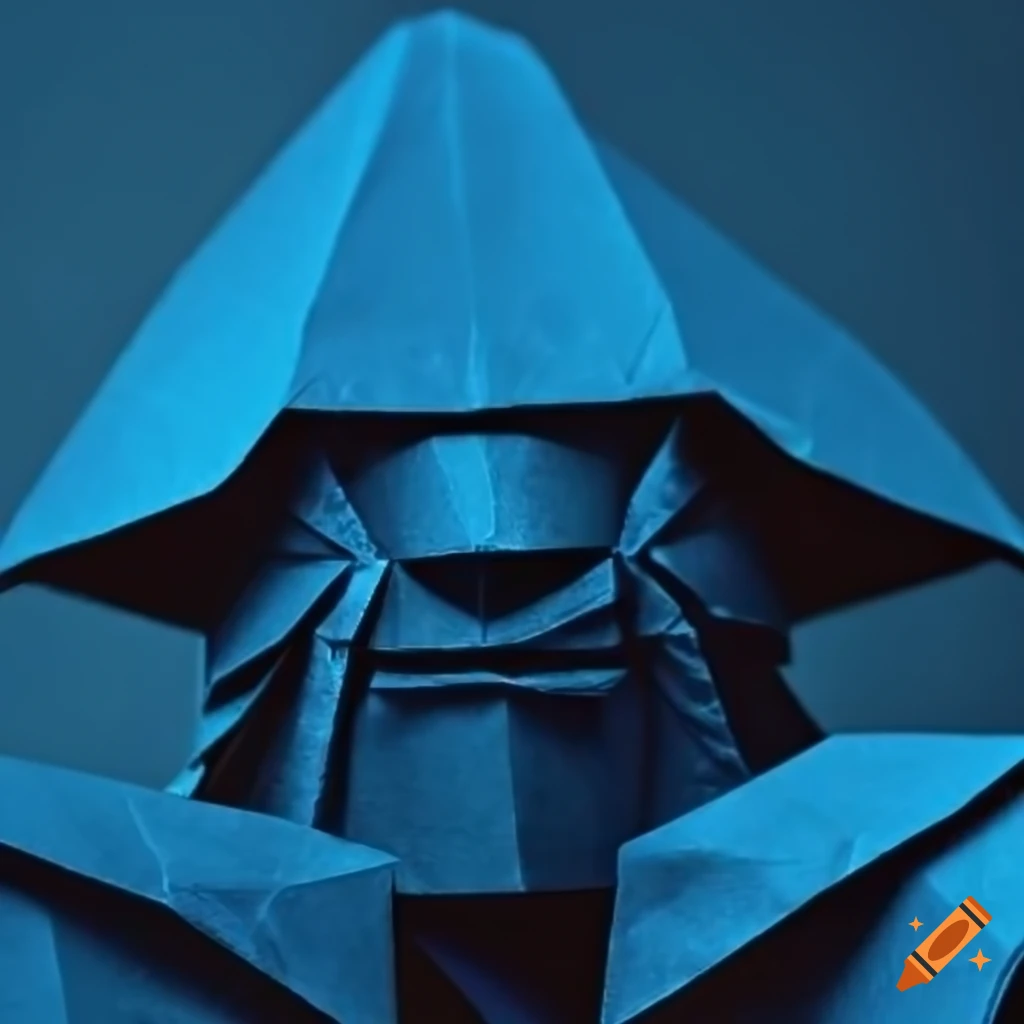 Origami samurai in high poly style on blue wood background on Craiyon
