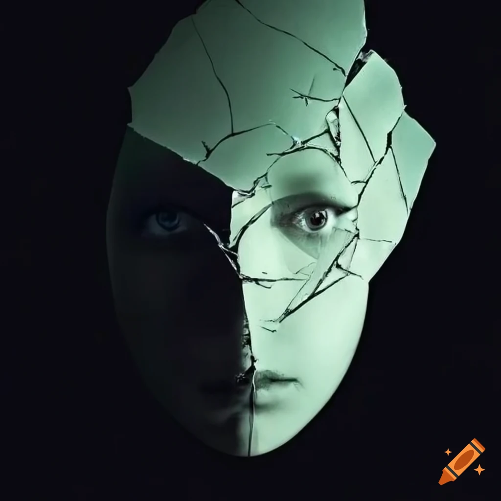 Intricately designed human face on shattered glass with wide-open eyes ...