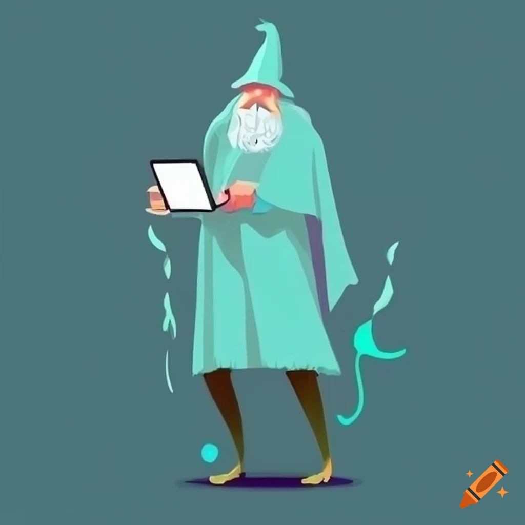 Minimal wizard holding a laptop on Craiyon