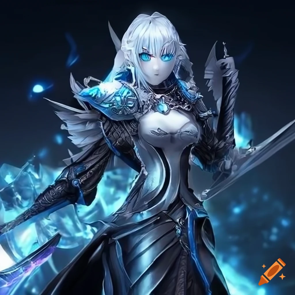Anime goddess in icy armor with crystal brazier on Craiyon