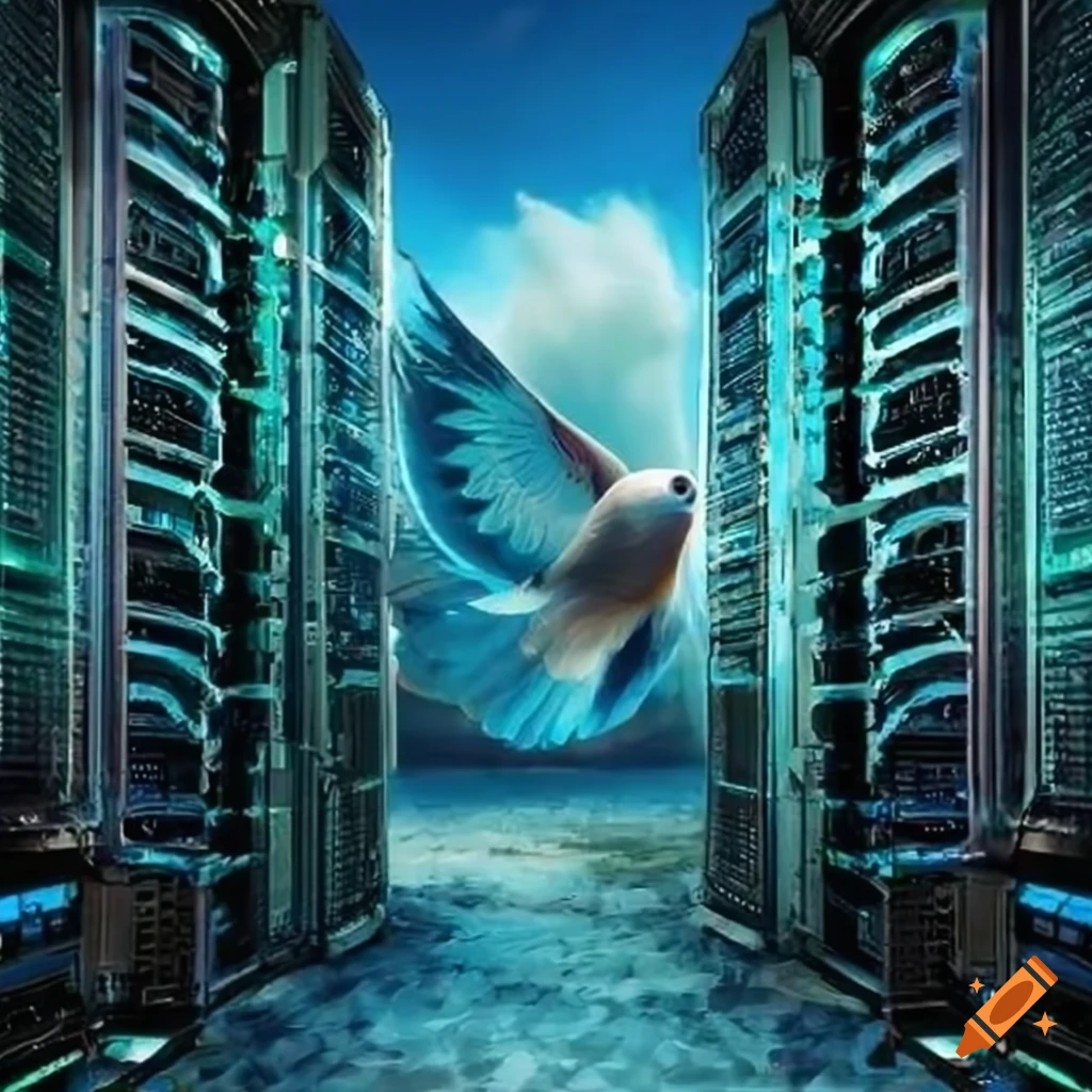 Surreal image of a happy dove flying over computer servers in a ...