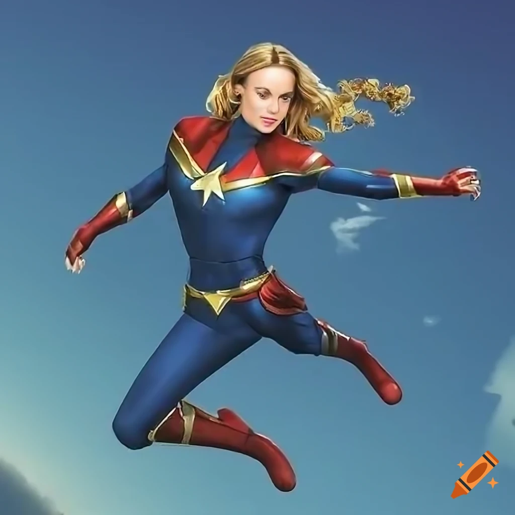 Captain Marvel soaring through azure skies in dynamic flight pose on ...