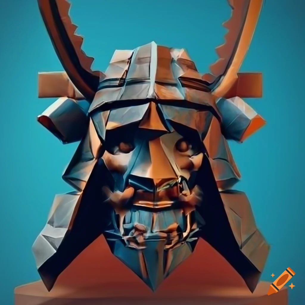 High poly origami samurai head on blue wood background on Craiyon