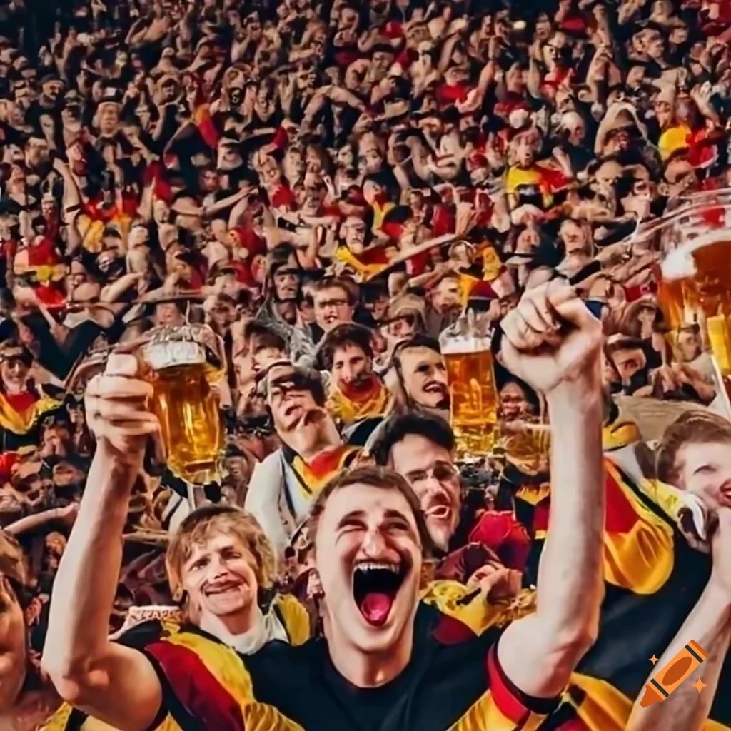 German crowd celebrating in a soccer stadium with team jerseys and beer ...