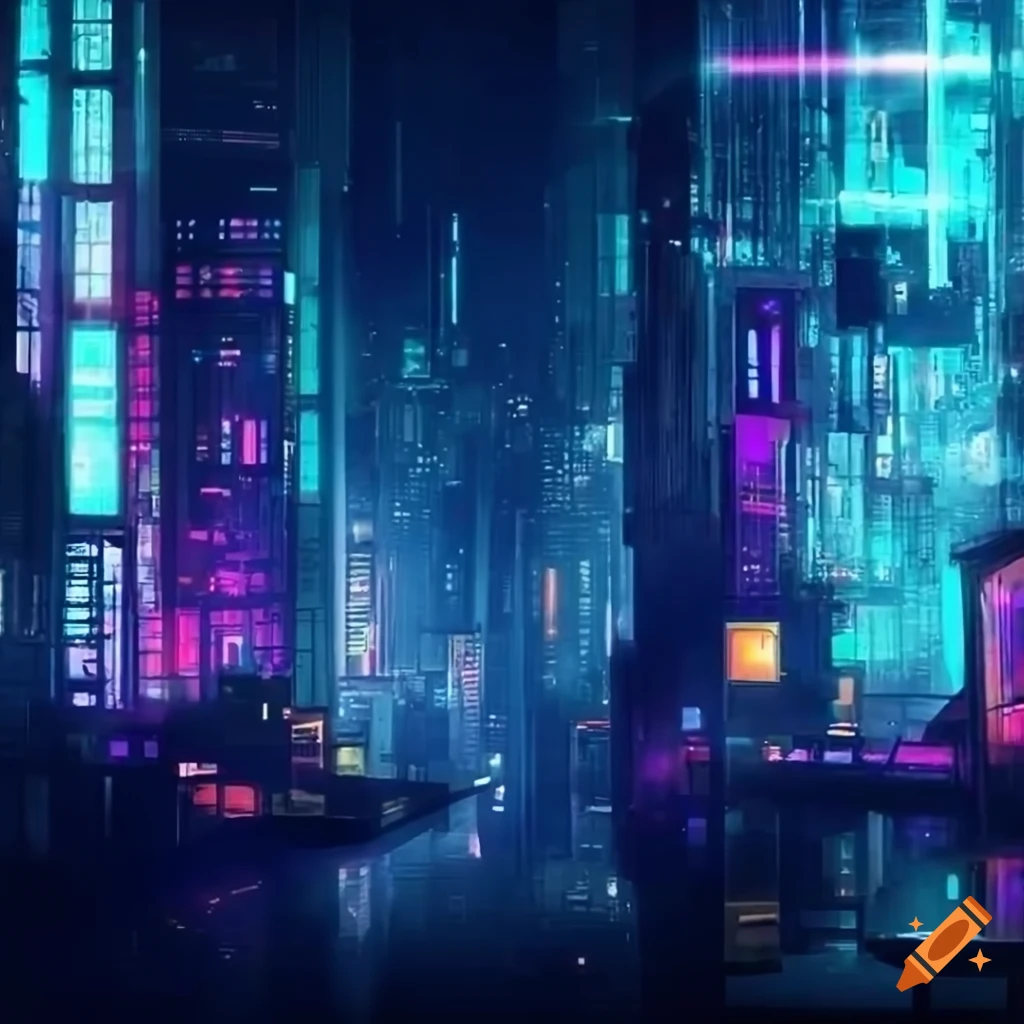 Cyberpunk room overlooking futuristic city at night in 4k resolution on ...