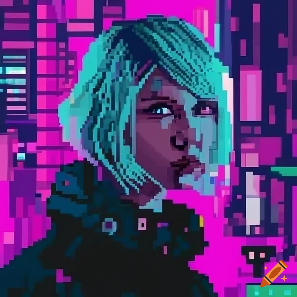 Russian android cyborg girl on cyberpunk skyscraper giving peace sign ...