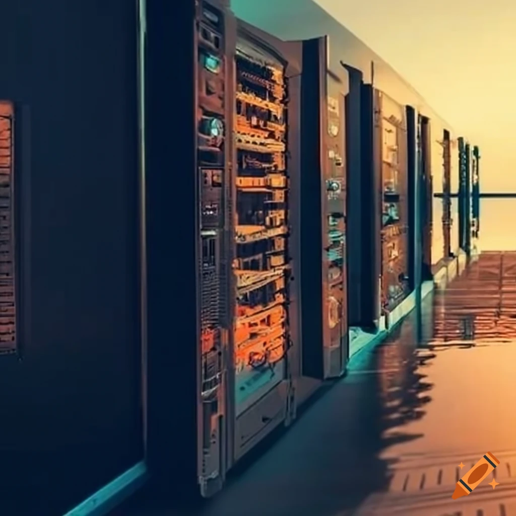 Servers and switches by the water near the coast on Craiyon