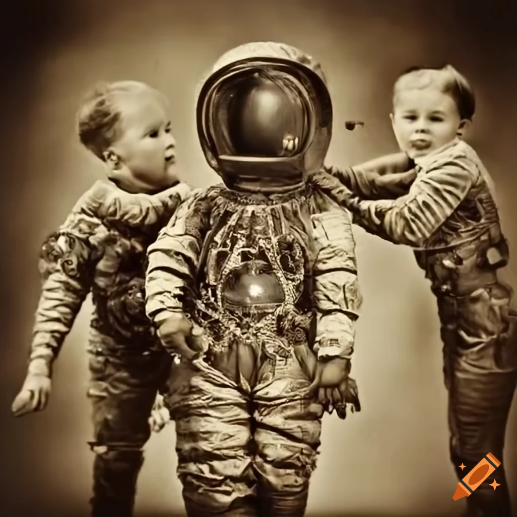 Victorian era child astronauts playing in insect-made space suits on ...