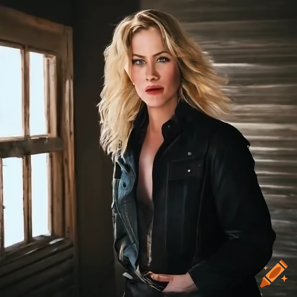 Blonde actress with a country plaid shirt and black leather jacket on ...