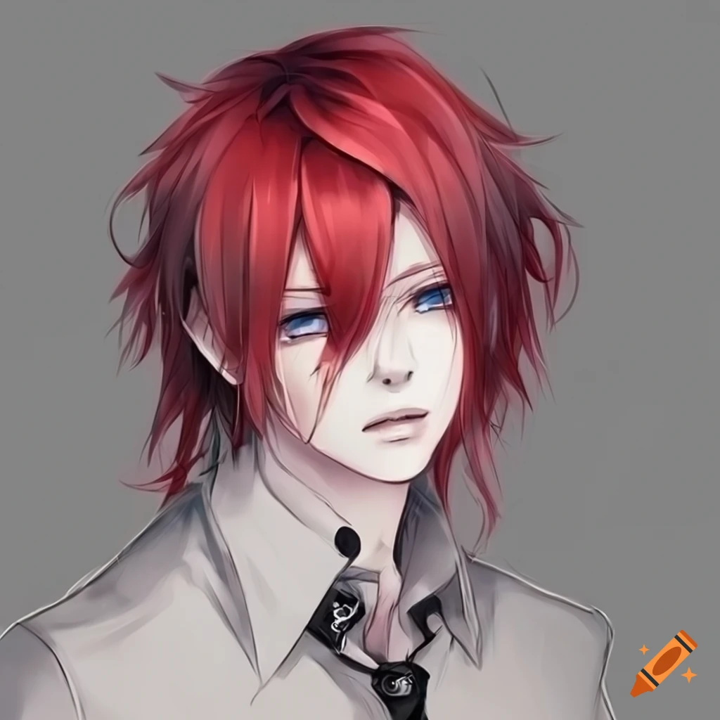 Gothic anime boy with long red hair and blue eyes on Craiyon