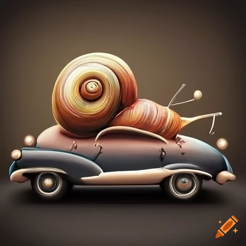 Whimsical art of a snail driving an old-fashioned car in a dreamlike ...