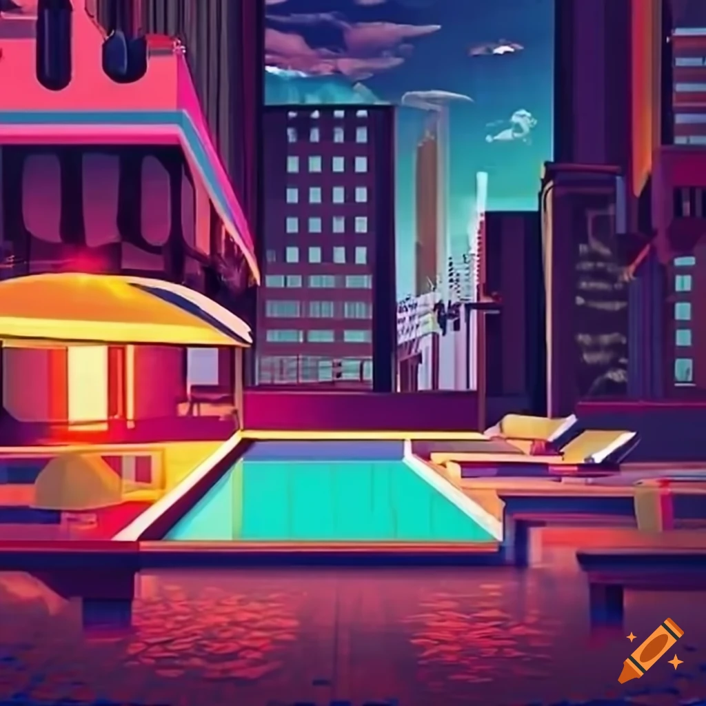 Retro poolside bar in 80s or 90s city pop style on Craiyon