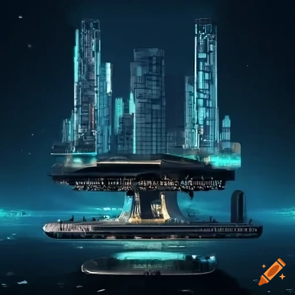 Futuristic city on floating platforms with sharp-edged buildings in ...