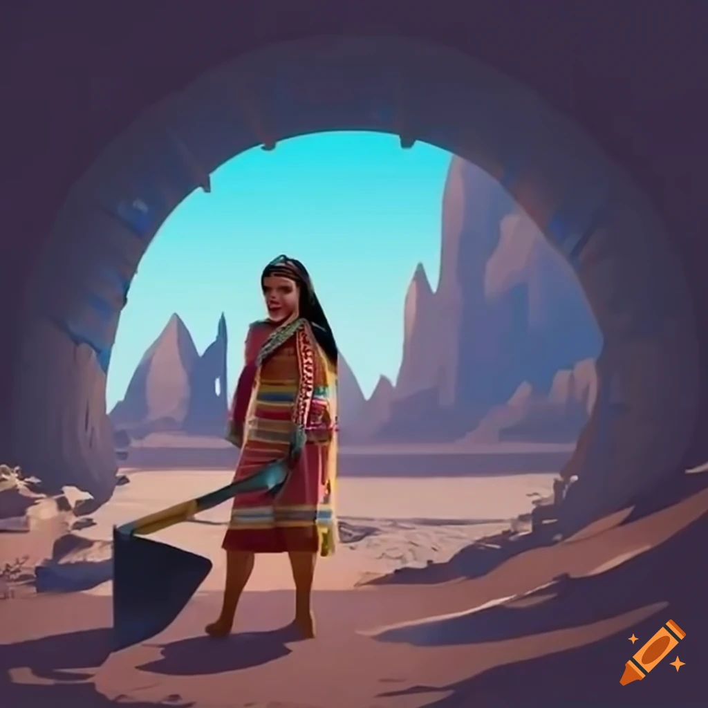 Native American girl digging with a steel shovel in a futuristic desert ...