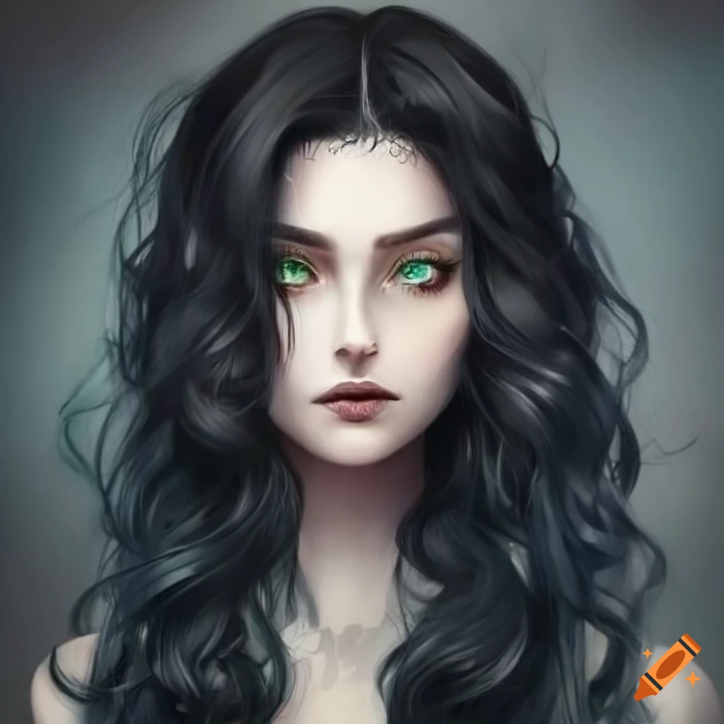 Portrait Of A Woman With Long Wavy Black Hair And Green Eyes On Craiyon