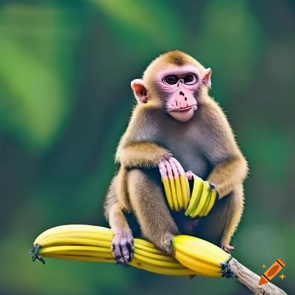 Sad monkey Simon holding a banana on a tree on Craiyon