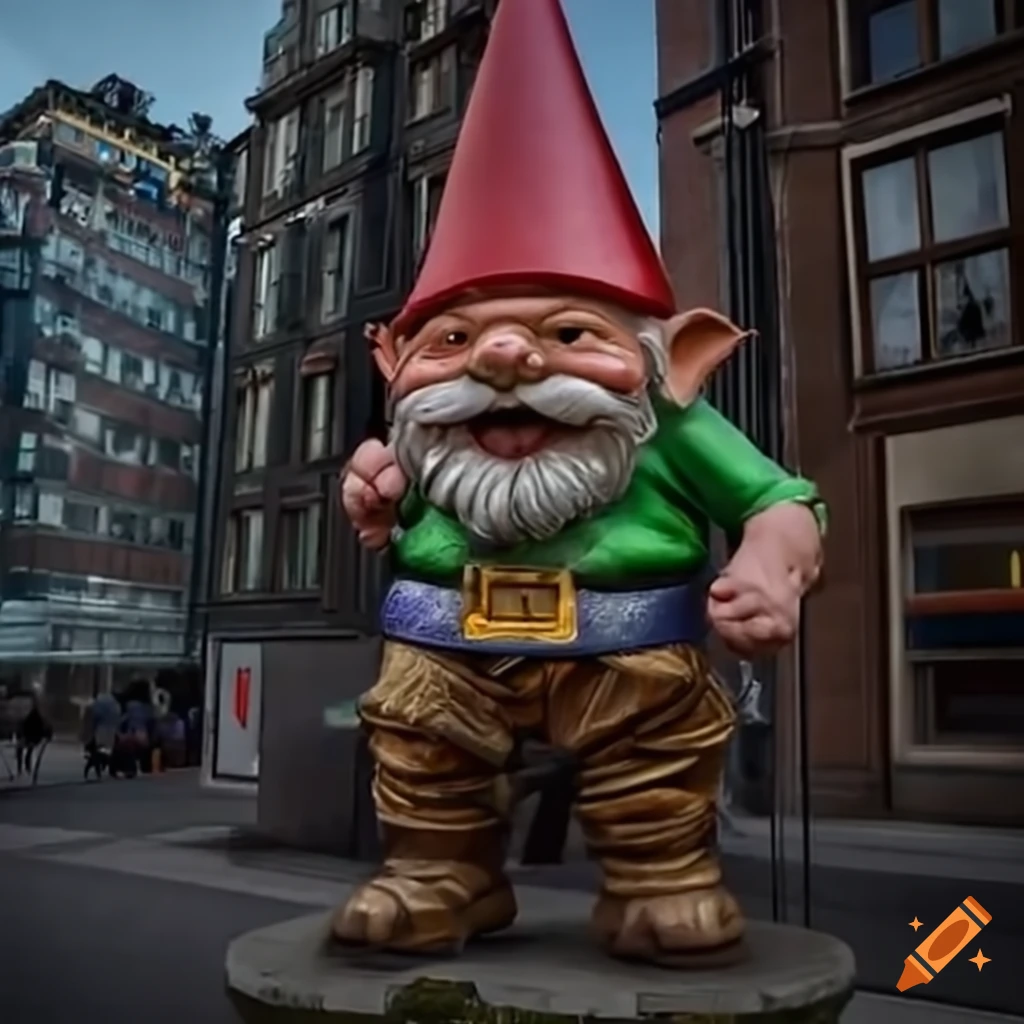 Gigantic gnome laughing and dancing while destroying the city on Craiyon
