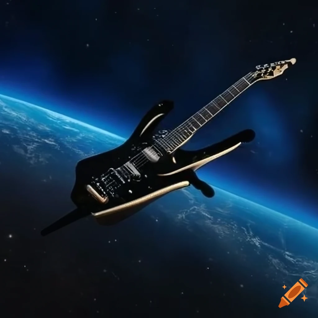 Black ibanez electric guitar floating in space over planet earth on Craiyon