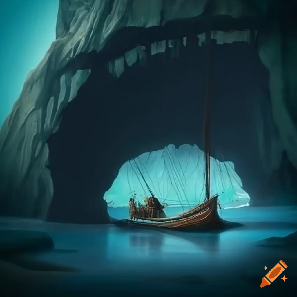 Ship in a cave at a wooden dock on Craiyon