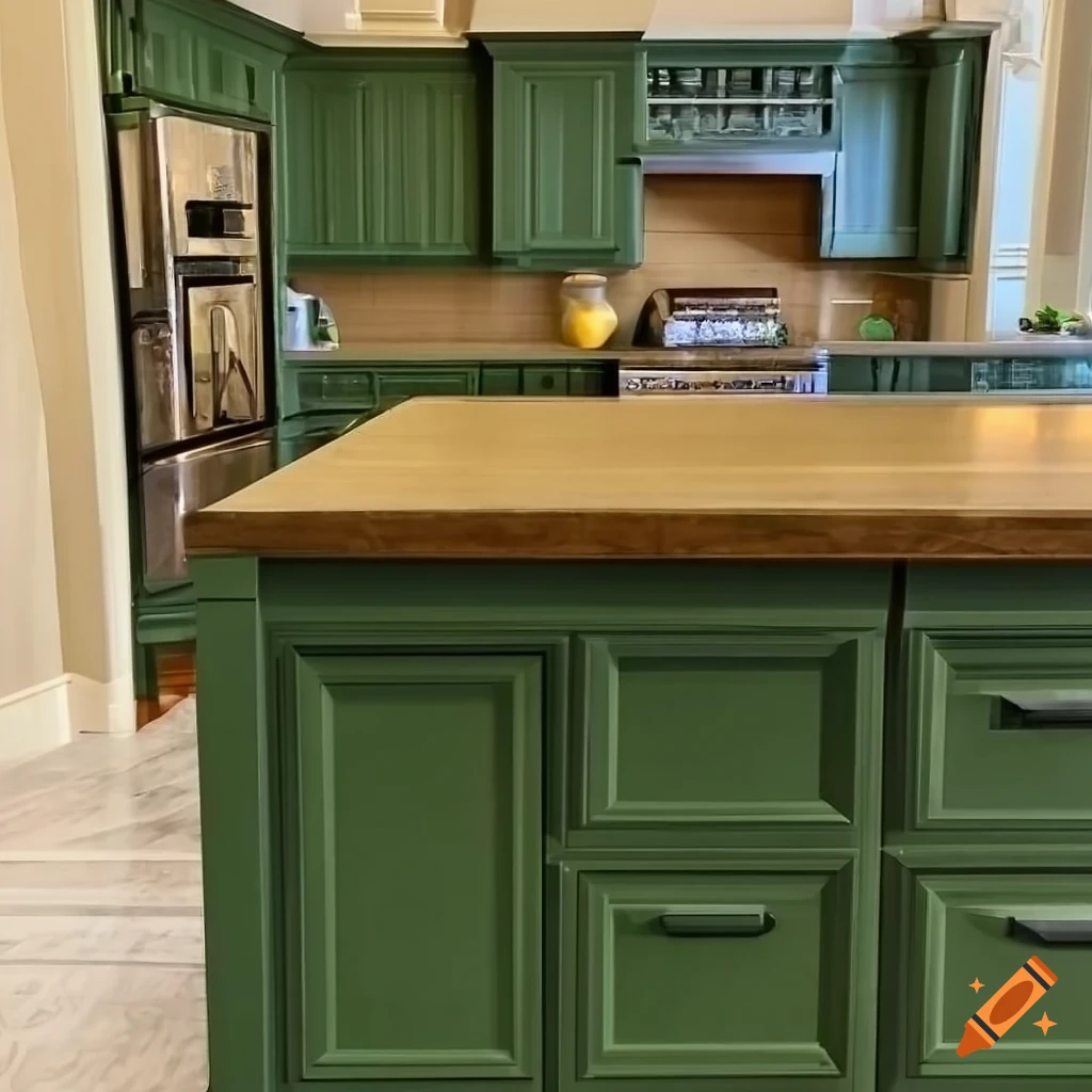 Kitchen island with dark green counter top and sage green bottom ...