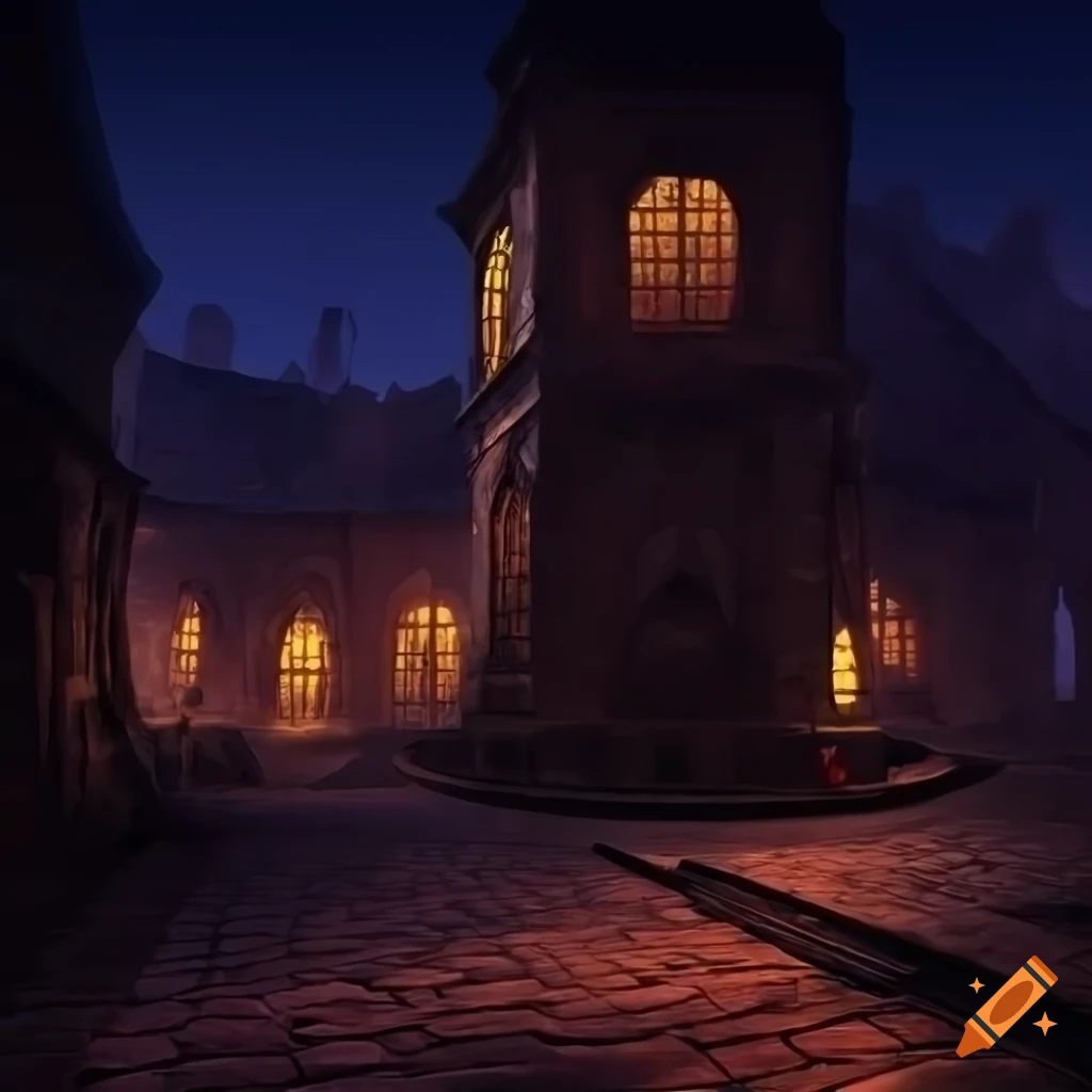 Night view of a medieval city with thatched roofs on Craiyon