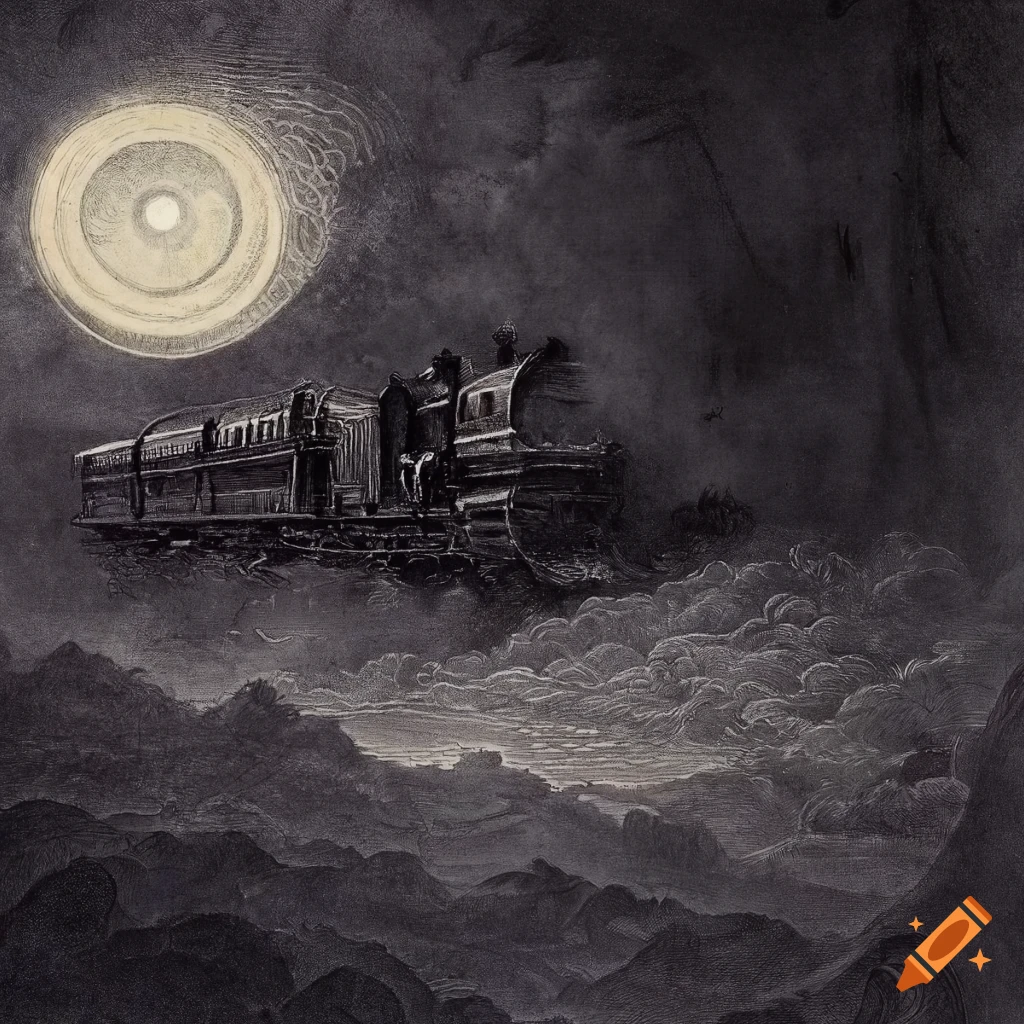 Surreal mezzotint artwork of a flying locomotive train in the night sky ...