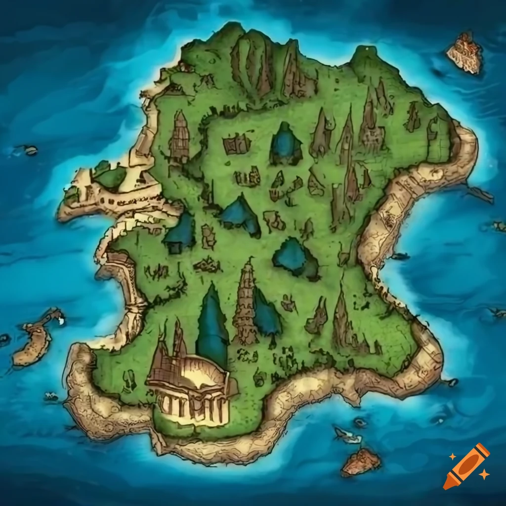 Fantasy rpg map of an island with labeled cities on Craiyon