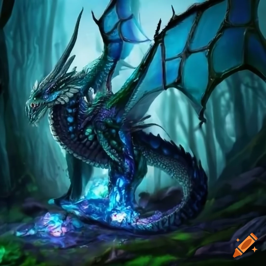 Mythical crystal dragon in a forest on Craiyon