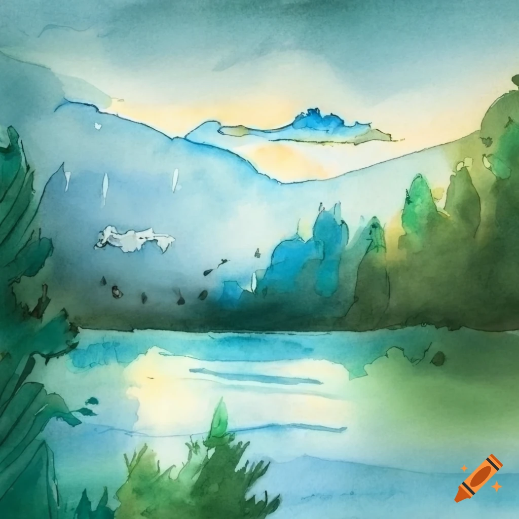 Sketchy watercolor lake scene on Craiyon