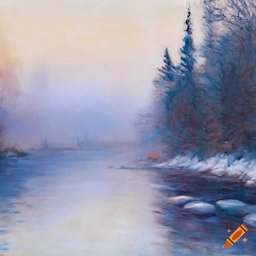 Misty winter river painting in northern michigan by monet on Craiyon