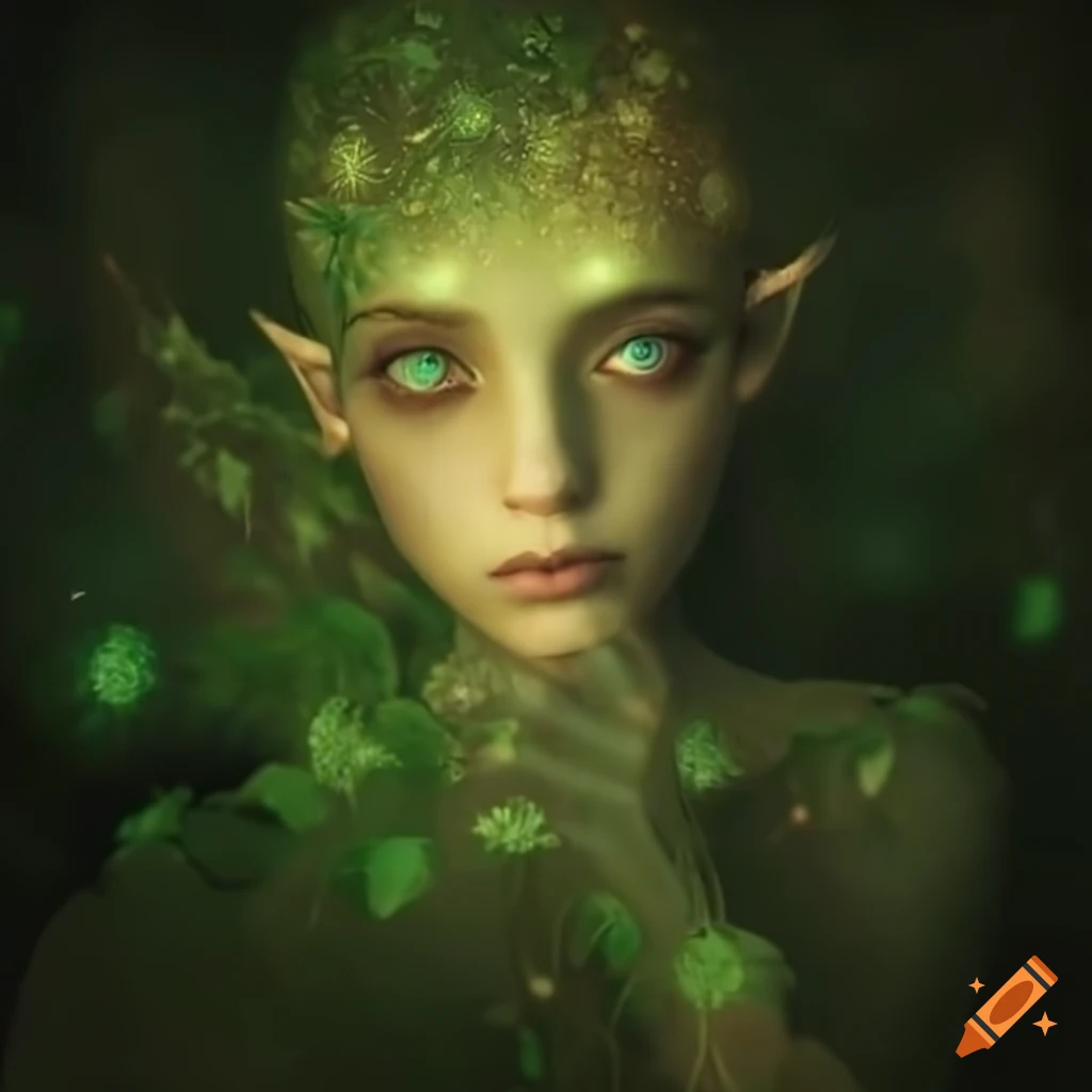 Ethereal androgynous forest fairy adorned in green leaves and glowing ...