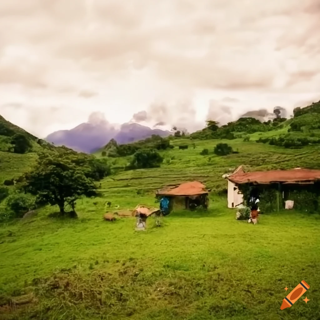 Entorno rural colombiano con casas en bahareque, campesinos, y cultivos ...