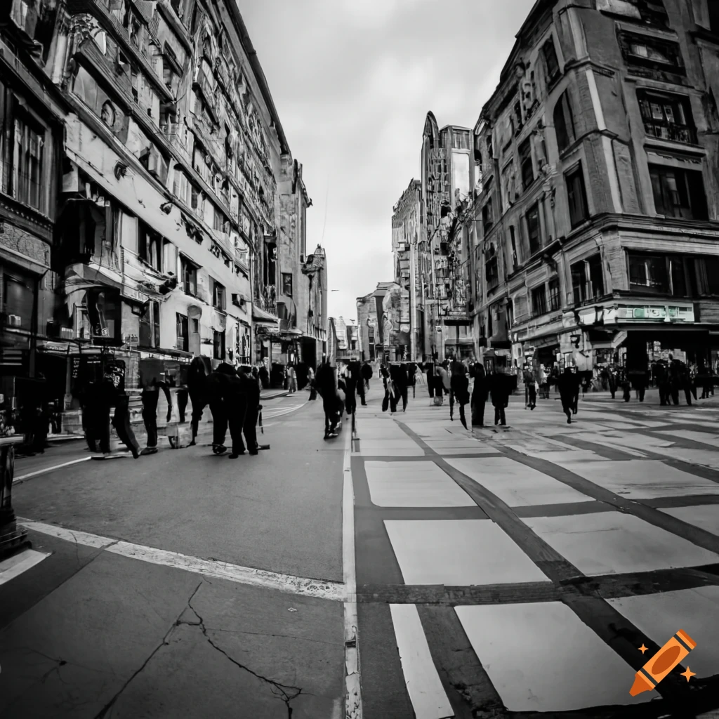 Fish-eye view of a busy city street in grayscale on Craiyon
