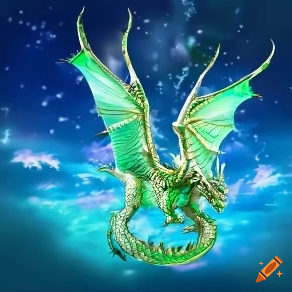 Mythical diamond dragon with green crystal wings soaring in the sky on ...