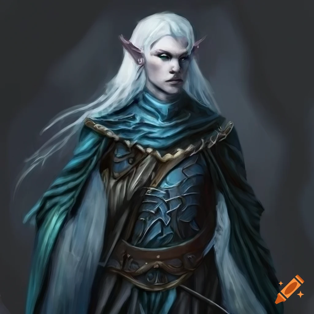 Intricately detailed painting of a wise male elf with blue skin and ...