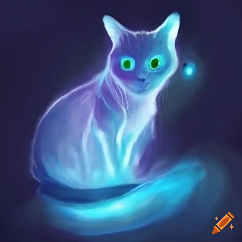 Spectral ghost cat emanating a blue glow in a bright ball of light on ...