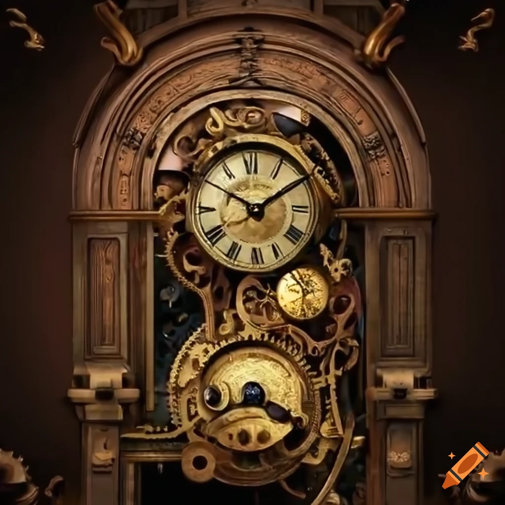 Intricate steampunk clock in an elegant frame in 4k resolution on Craiyon