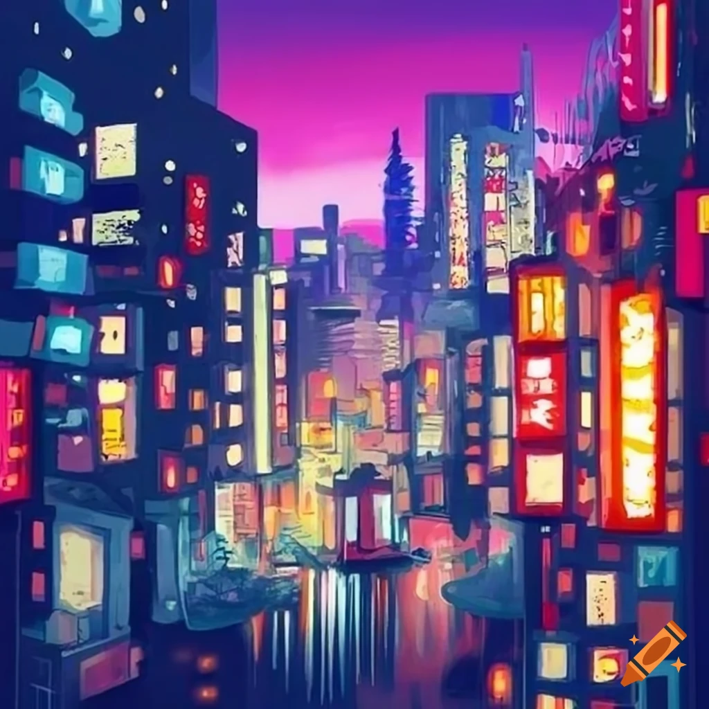 Child's illustration of tokyo night lights on Craiyon