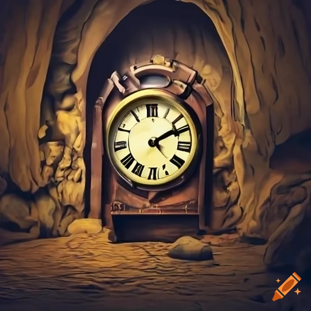 Time machine clock in a cave on Craiyon
