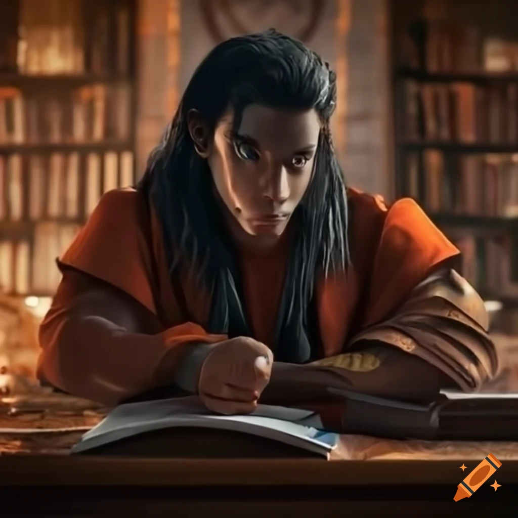 Male dark brown-skin elf studying in a grand library with arabian ...