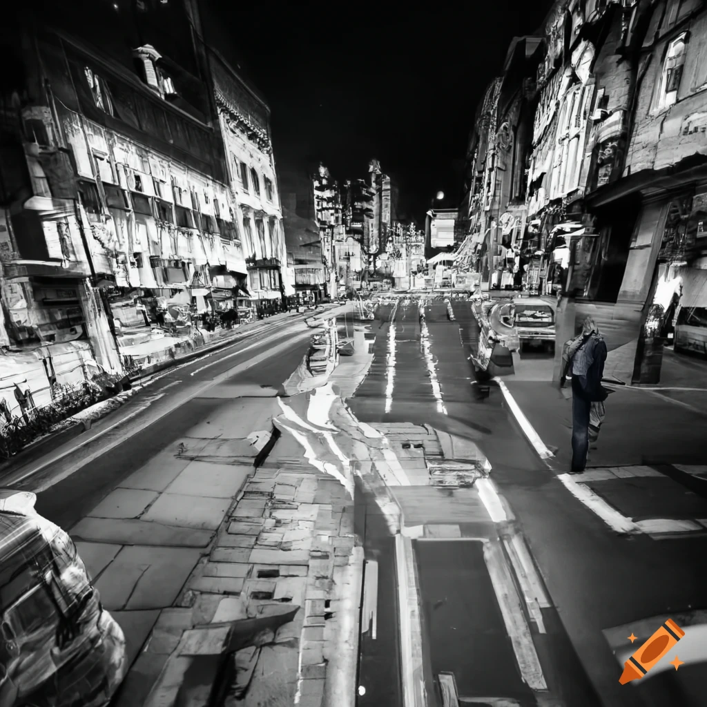 Fish-eye view of a busy city street in grayscale on Craiyon