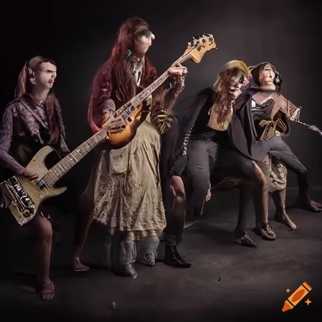 Surrealistic scene of a rock band with oversized cicada heads in 4k ...