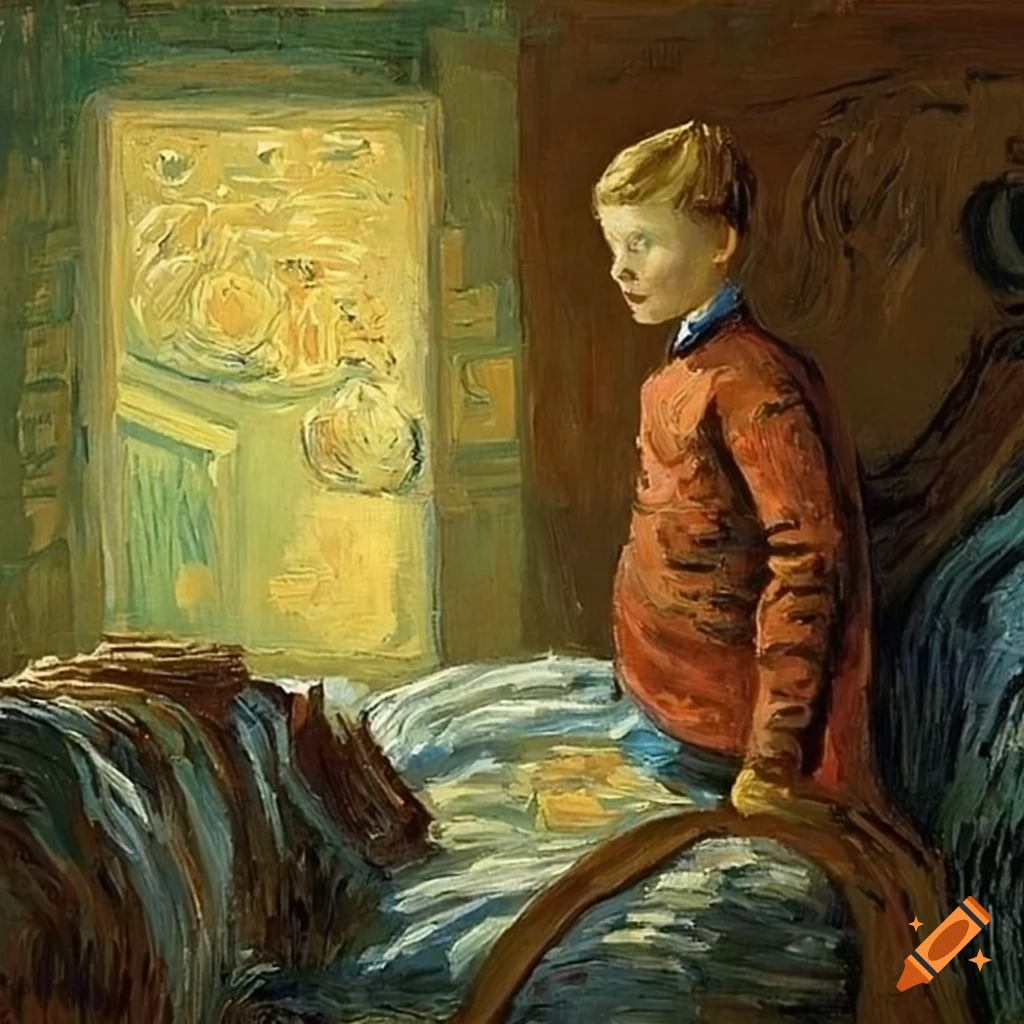 Boy waking up from sleep in a van gogh painting on Craiyon