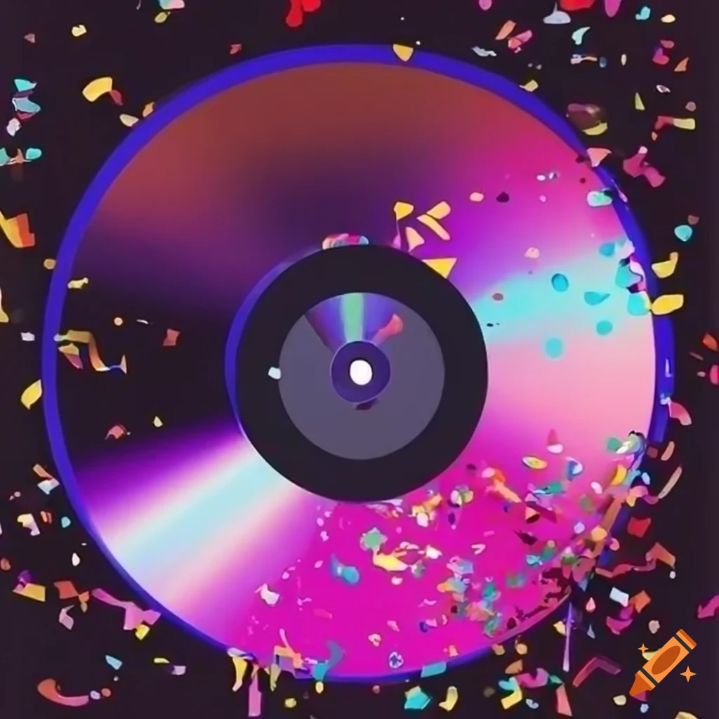 Party-themed album cover with vinyl and confetti on Craiyon