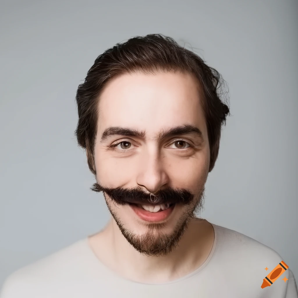 Smiling man with natural mustache on light gray background on Craiyon