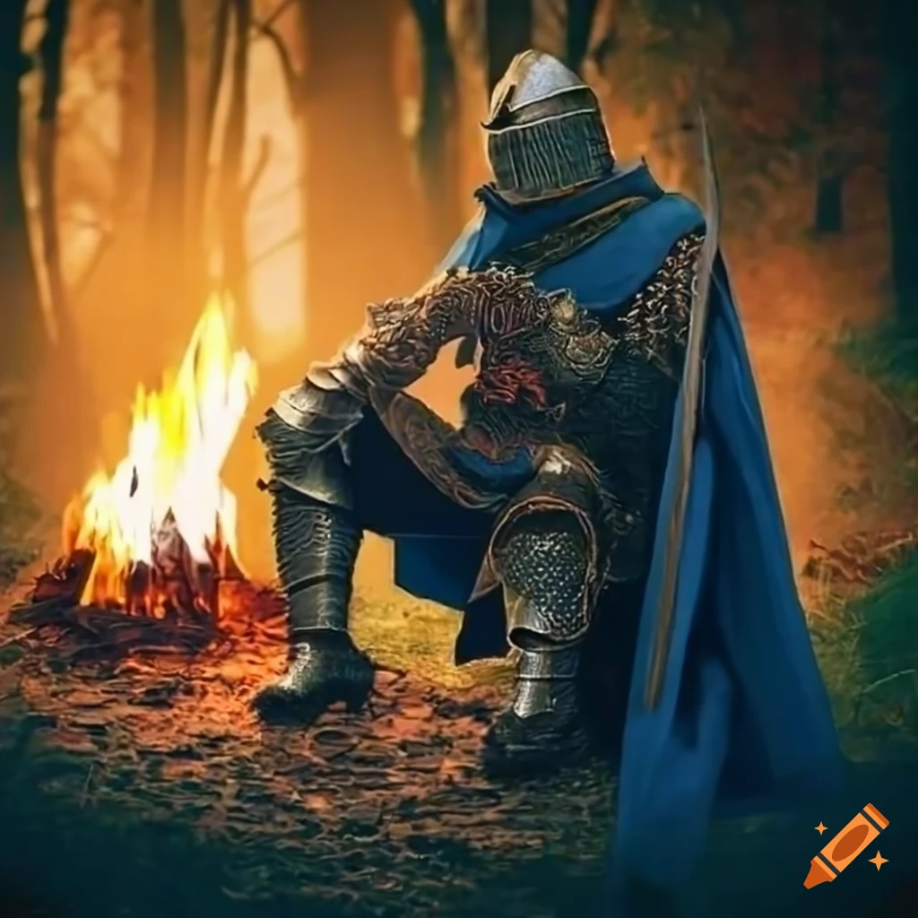 Knight in full armor with blue cloak by a campfire near a forest on Craiyon