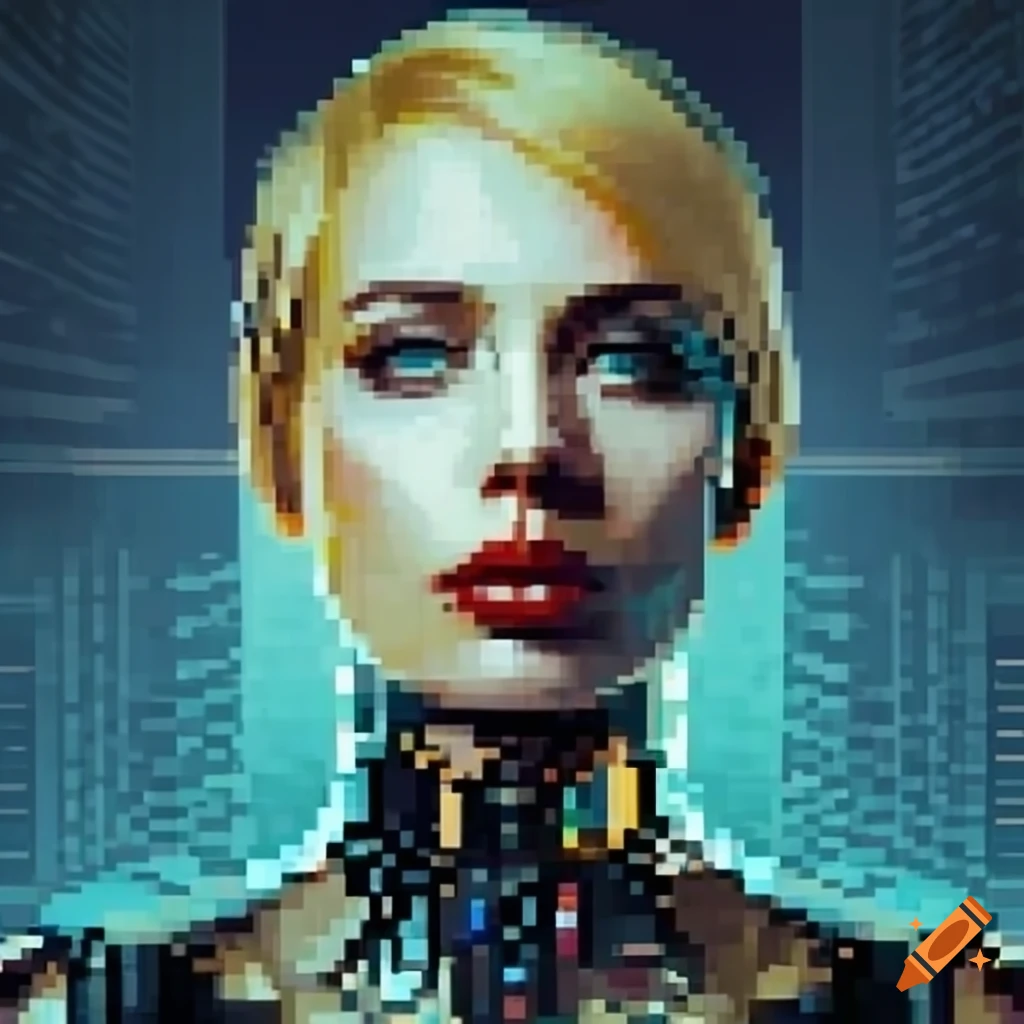 Pixel art portrait of a russian android cyborg woman in a cyberpunk ...