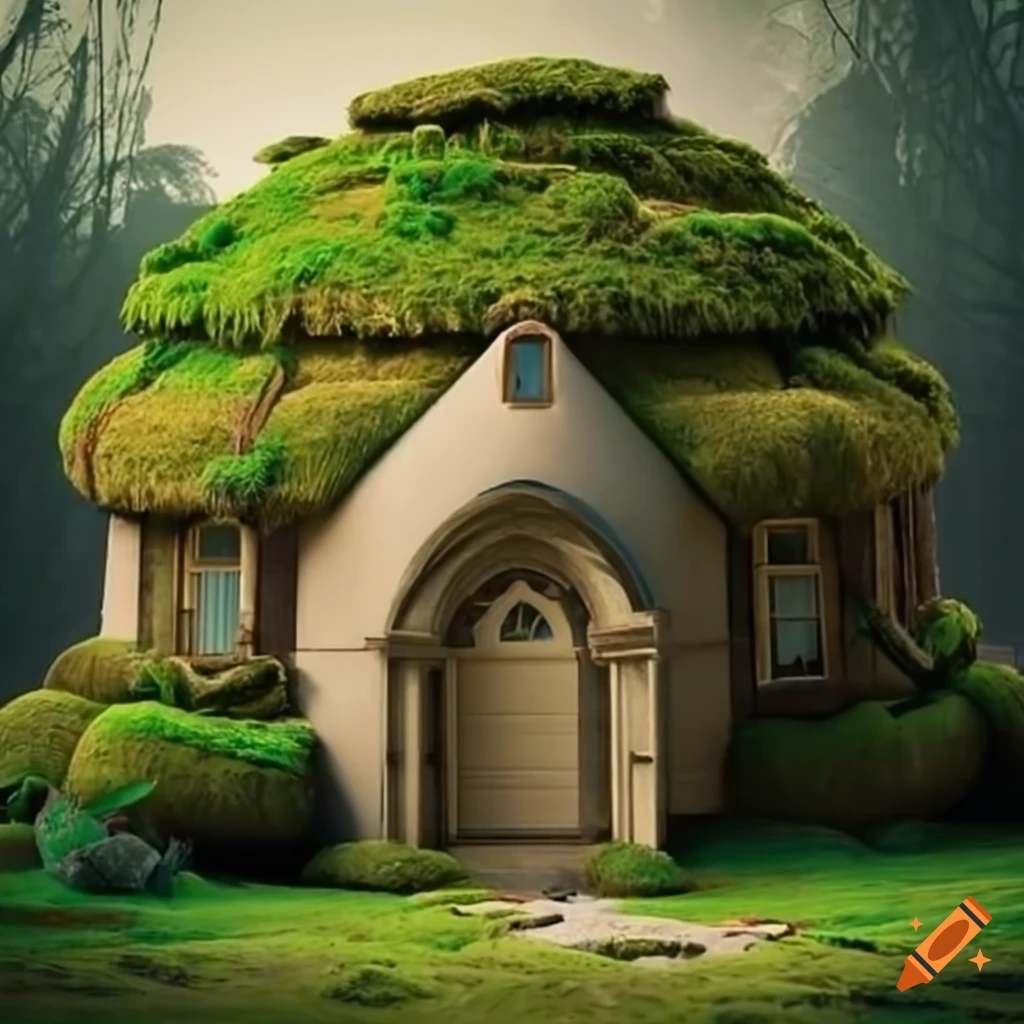 Beige round house with chimney under rocky overhang in a mossy yard on ...