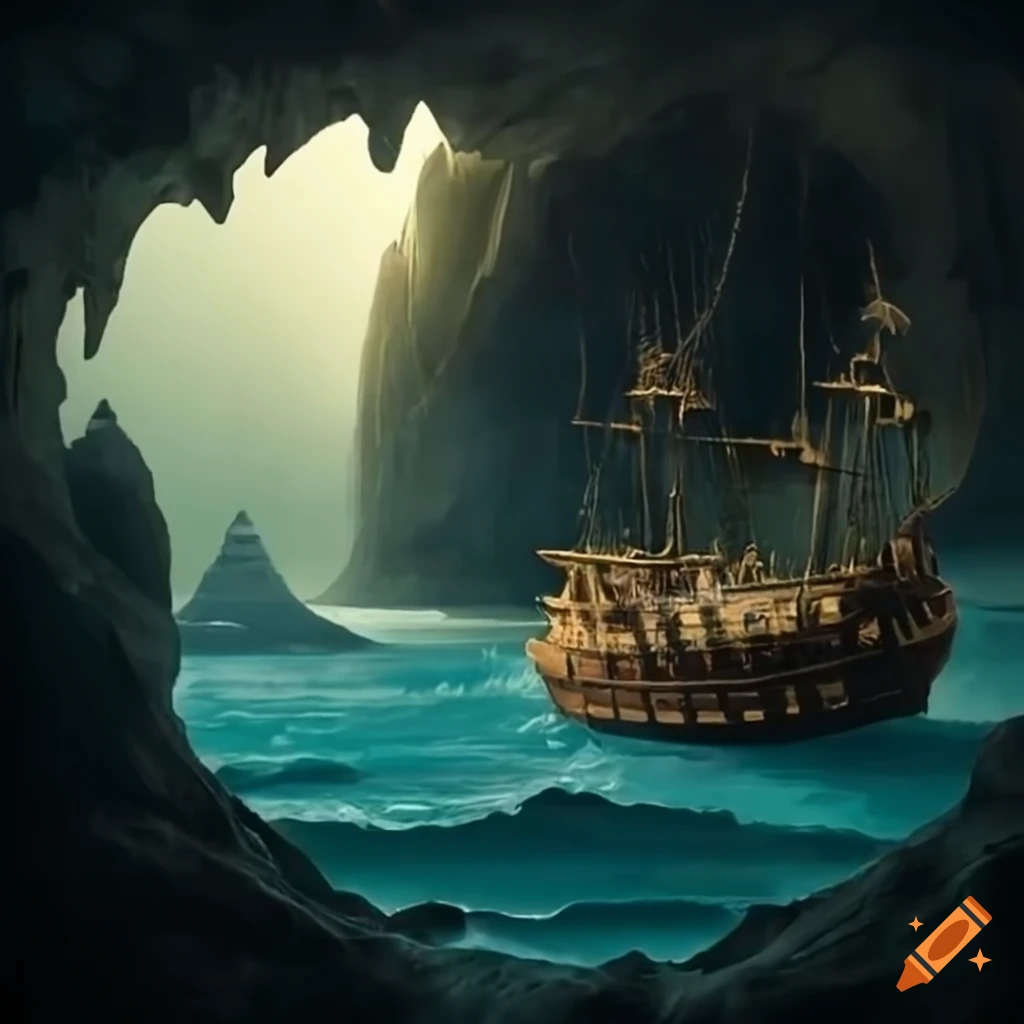 Ship in a cave at a wooden dock on Craiyon