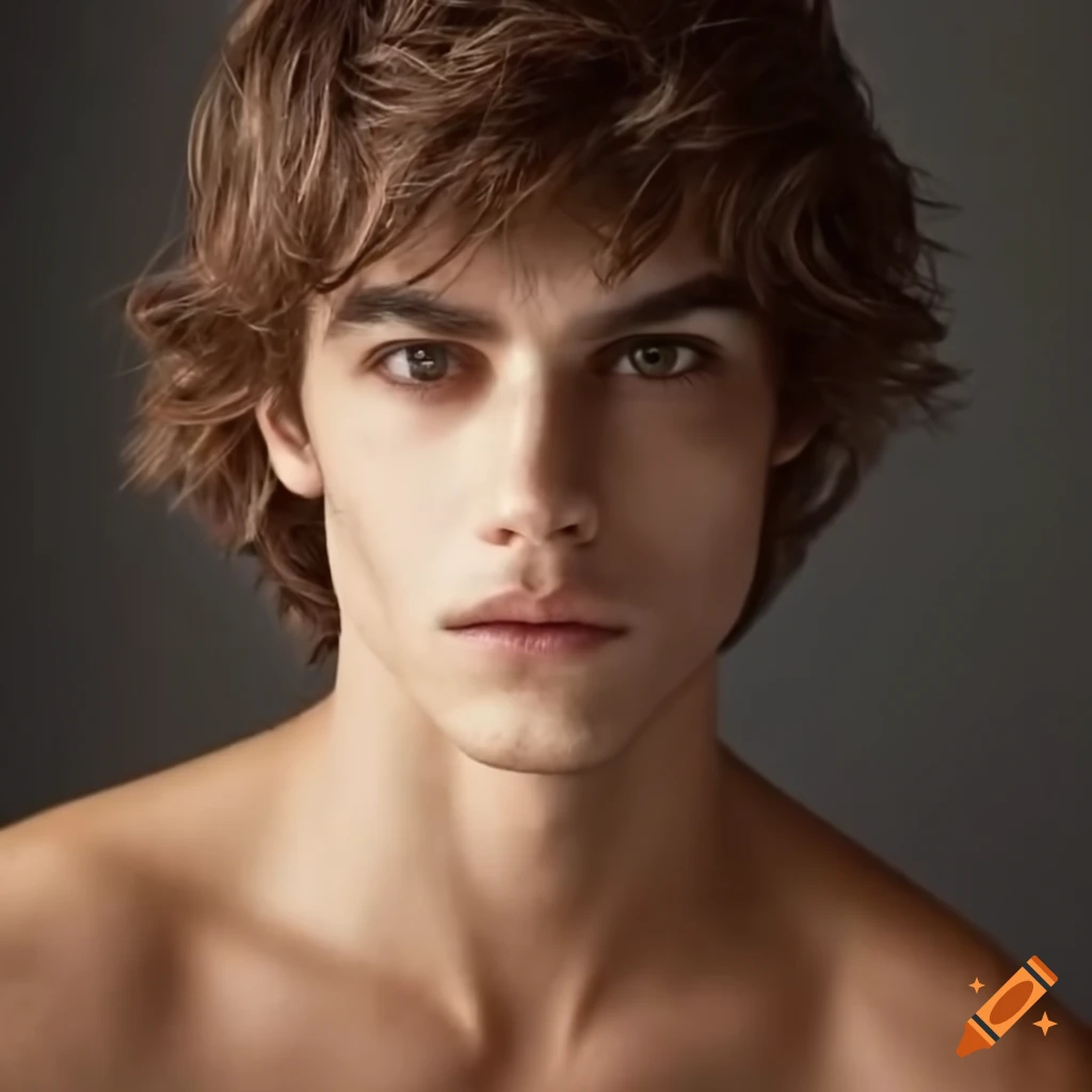 Portrait of a handsome man with tanned skin, brown wavy hair, and brown ...